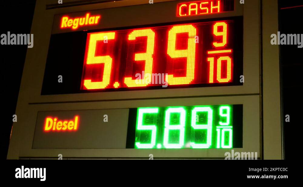 Gas station prices LED light up sign for regular and diesel fuel at ...