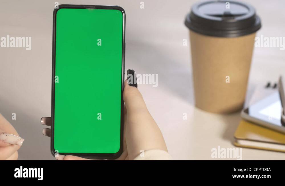 Handheld Camera: Back View of Brunette woman Holding Chroma Key Green ...
