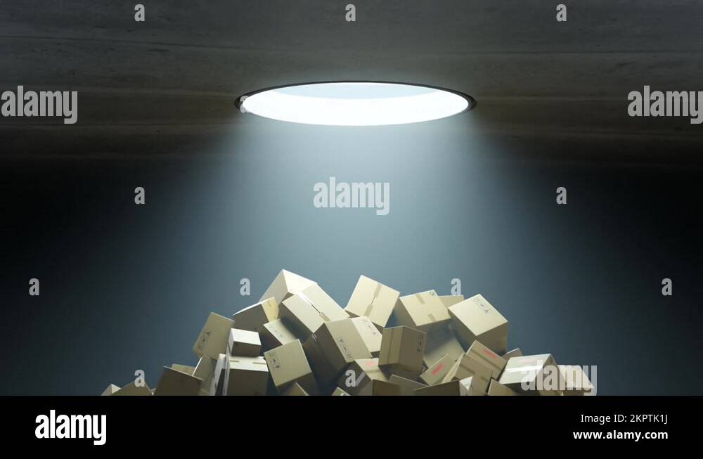 Parcels falling down creating a huge pile of cardboard delivery boxes ...