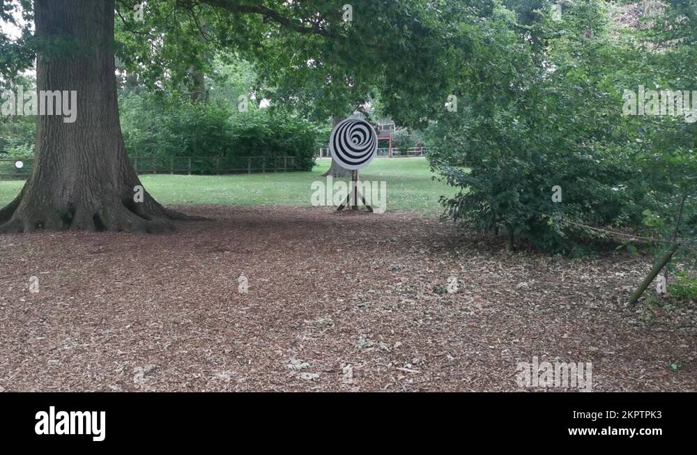 A Spinning Spiral Optical Illusion on a Wooden Pole in a Park Stock ...