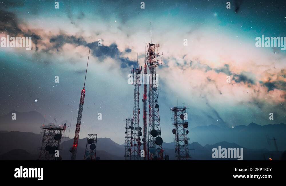 Antenna complex on a hill flythrough. Tall masts or towers. Starry ...
