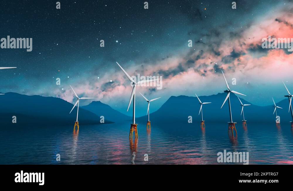 Offshore wind turbines spin around in the starry night marine ...