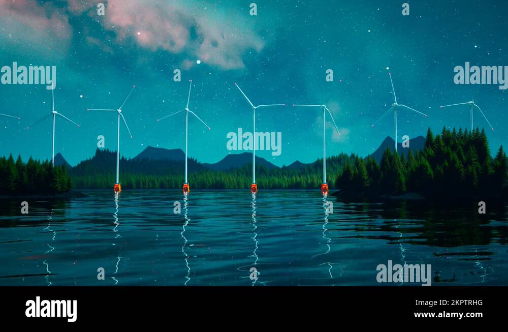Offshore wind turbines spin around in the starry night marine ...