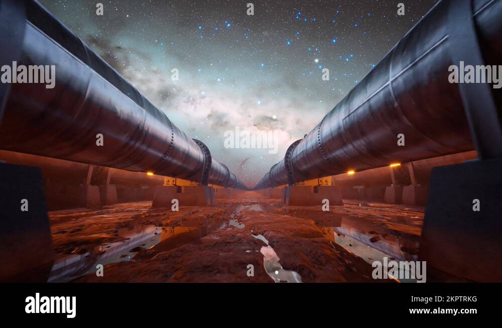 A pipeline running through the flooded excavation full of mud. Fuel ...