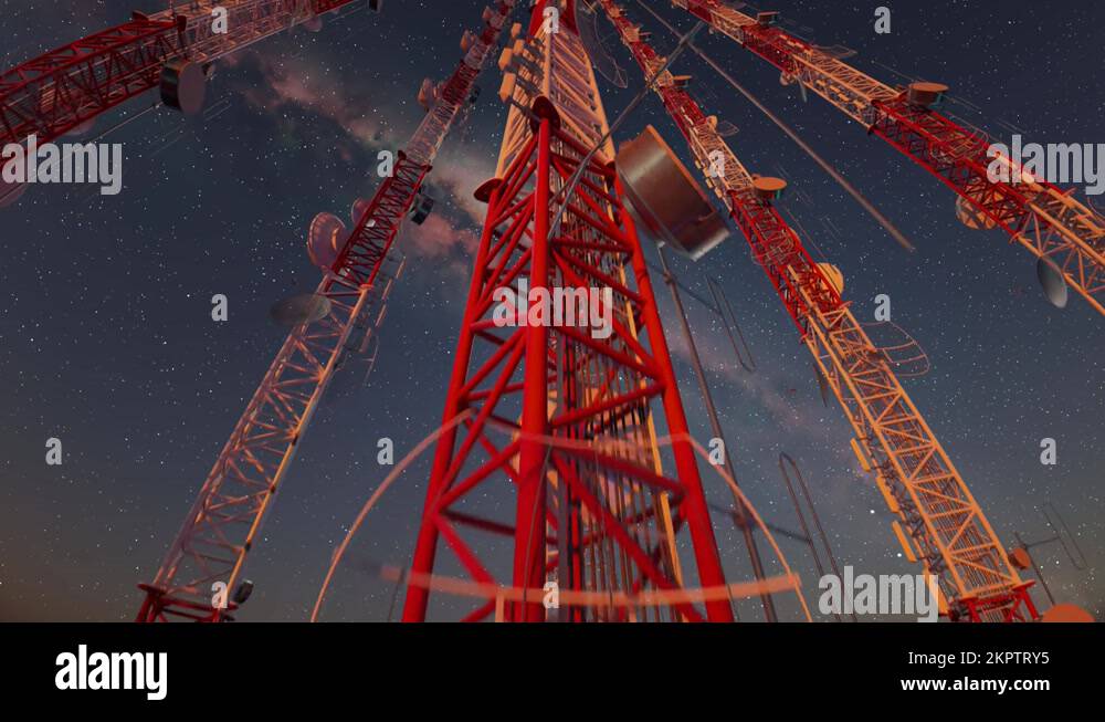 Antenna complex on a night sky. Radio masts and towers for broadcasting ...