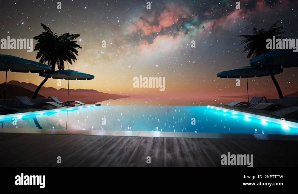 Luxurious horizon infinity swimming pool with palm trees, night sky ...