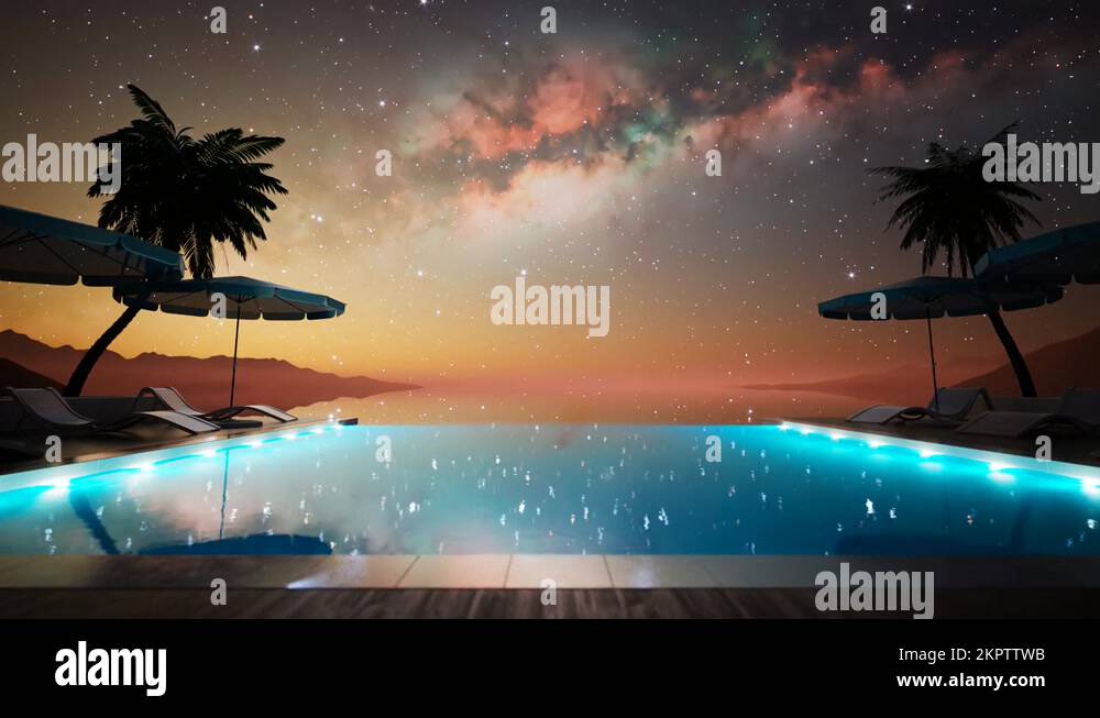Luxurious horizon infinity swimming pool with palm trees, night sky ...