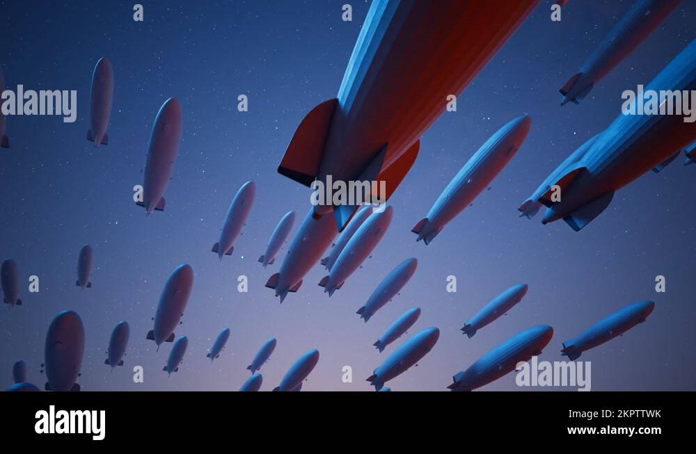 A huge number of zeppelin airships in the sky. A fleet of blimps ...