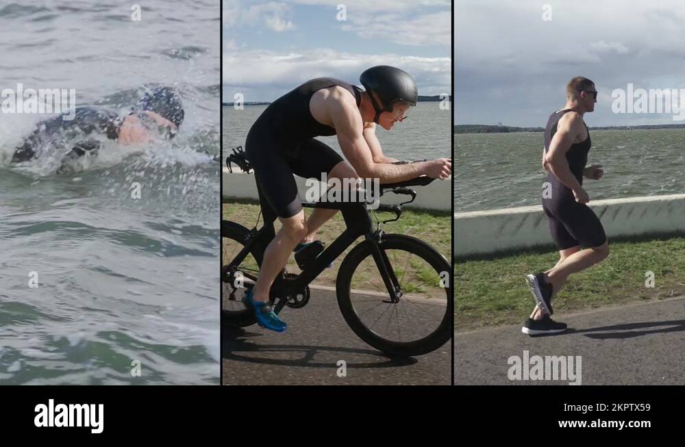 Triathlon activity, split screen video of a professional athlete, a man ...