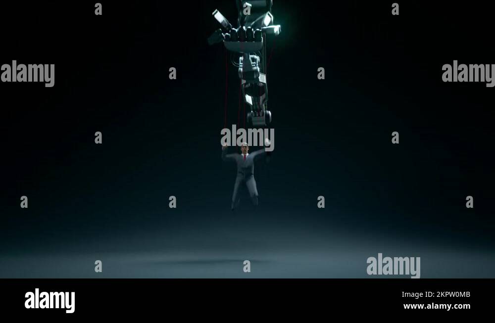 Robotic hand manipulates human puppets. Businessmen led by the robot ...