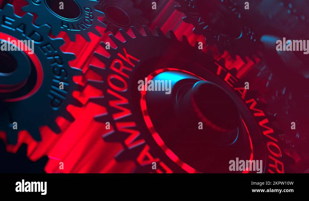 Teamwork mechanism concept. Animation with spinning metal wheels ...