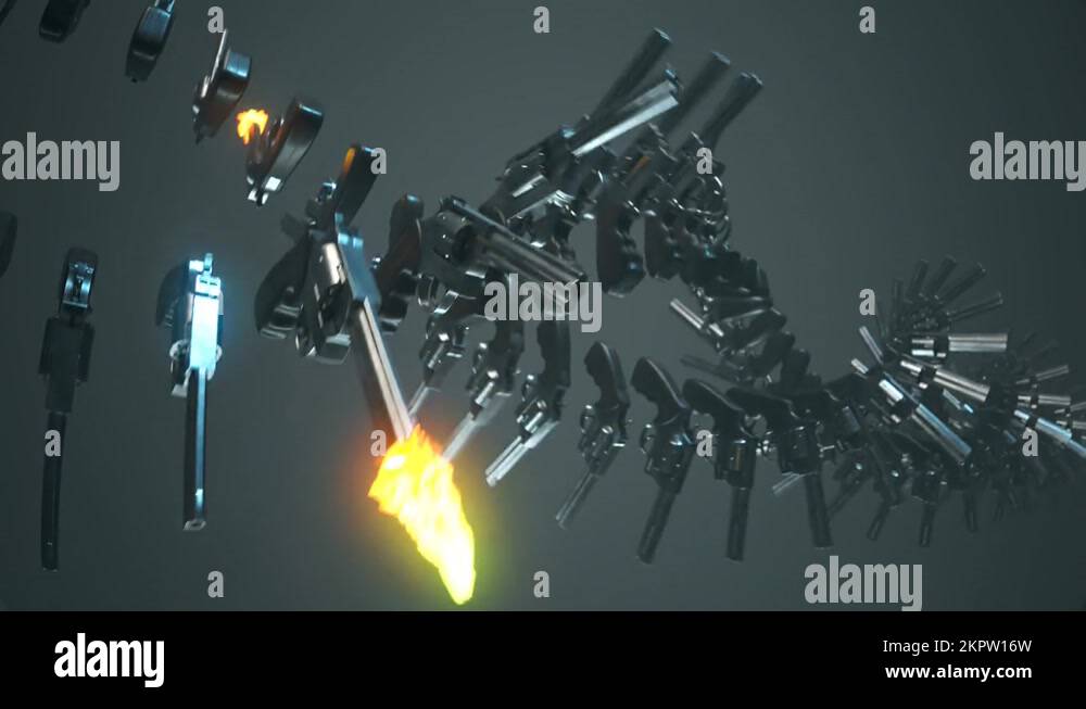 Shooting handguns twisted like a DNA spiral. Helix of fire guns ...