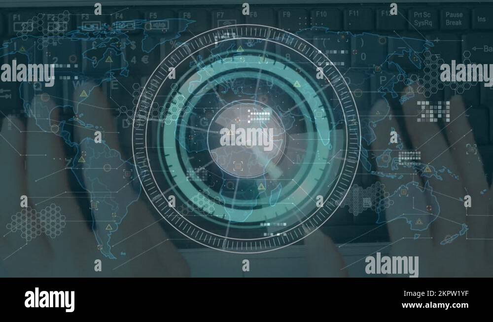 Animation of world map and scope scanning with clock over hands typing on Stock Video Footage ...