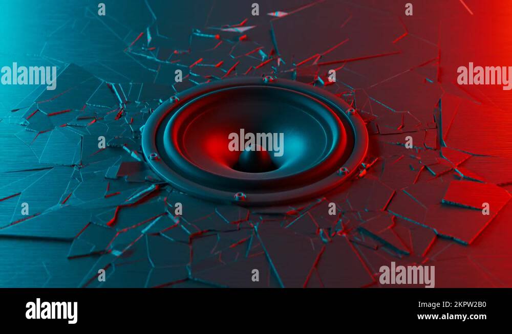 Black speaker making devastating loud sound force destruction. Power of ...