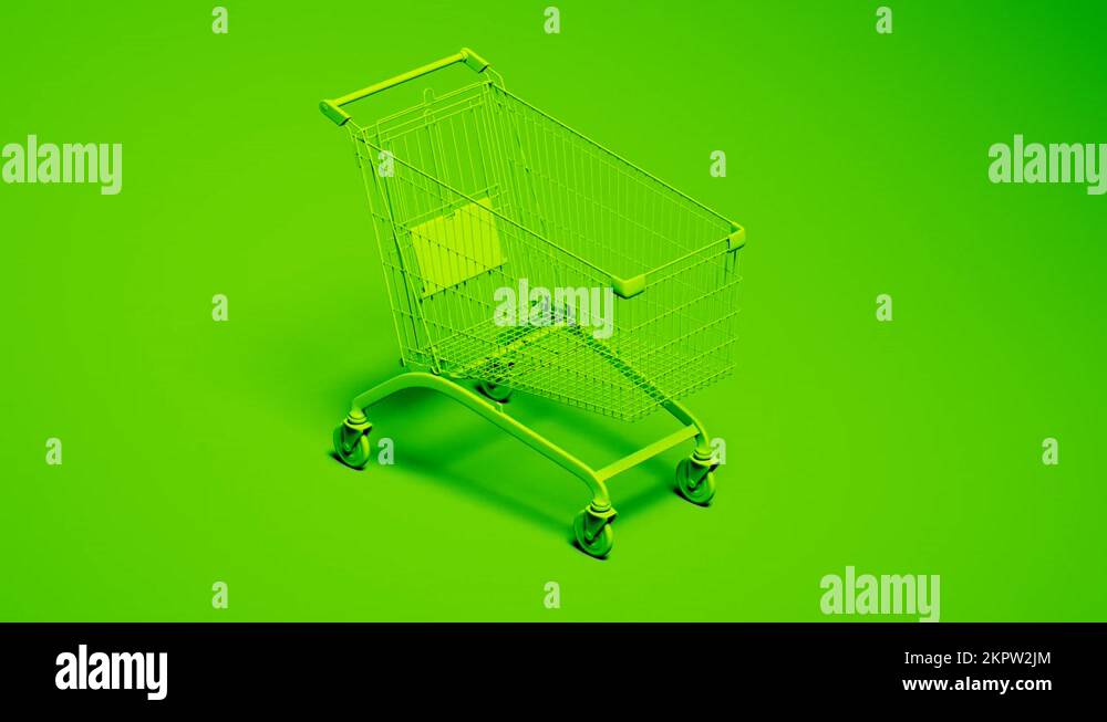 Green monochromatic empty shopping cart in a studio. Simplistic ...