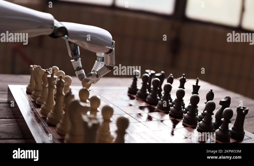 Shiny futuristic robotic arm playing chess. Artificial intelligence ...