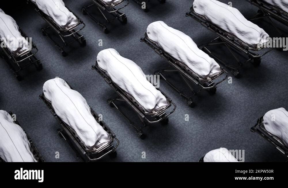 An infinite number of dead bodies covered with cloth in the mortuary ...
