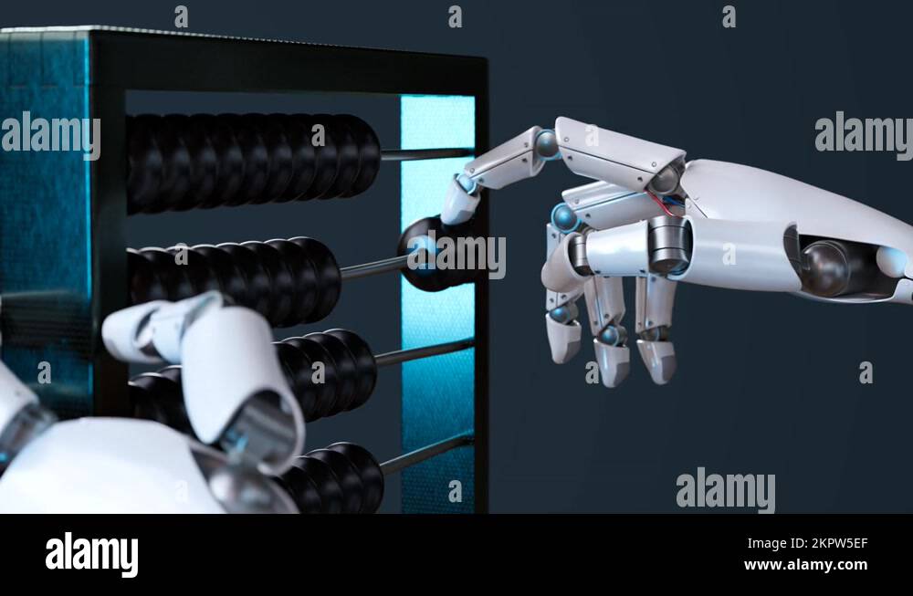 Robot using an abacus. Artificial intelligence makes arithmetical ...
