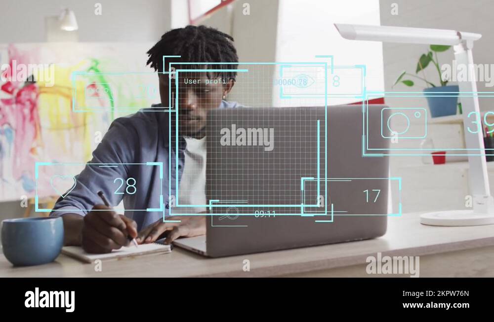Animation of data processing with diverse people portraits over african ...