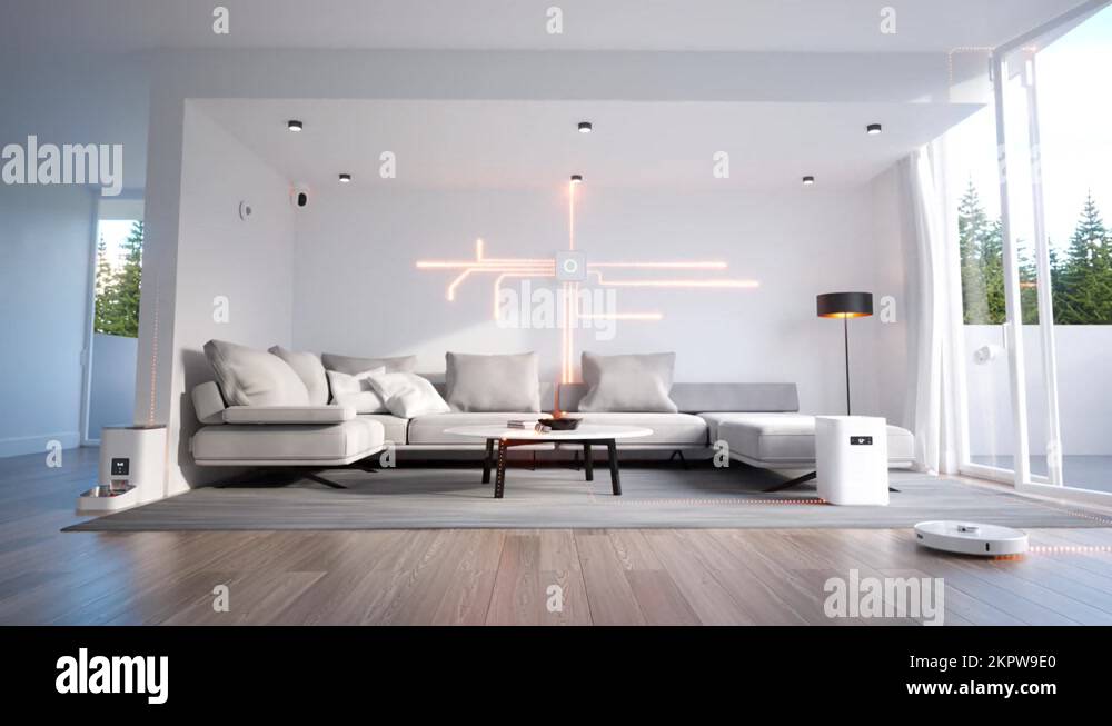 The smart home animation. Central HUB with beams connected to many ...
