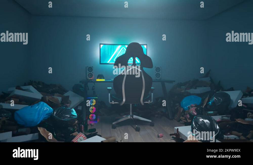 Depressing animation with a messy gaming room. Cluttered gamer's room ...