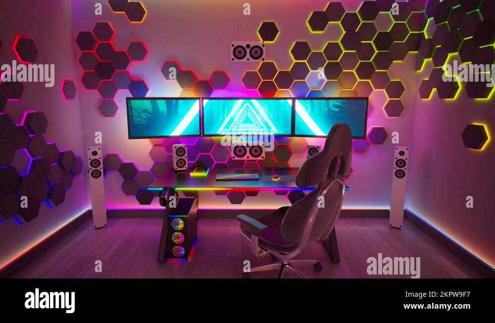 Vivid colorful animation with a gaming room. Powerful computer set for ...