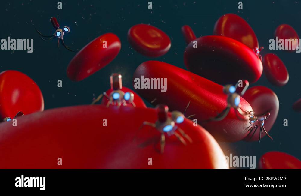 Futuristic concept of nanobots repairing human blood cells. CGI ...