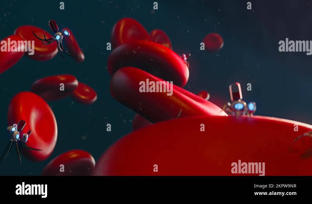 Futuristic concept of nanobots repairing human blood cells. CGI ...