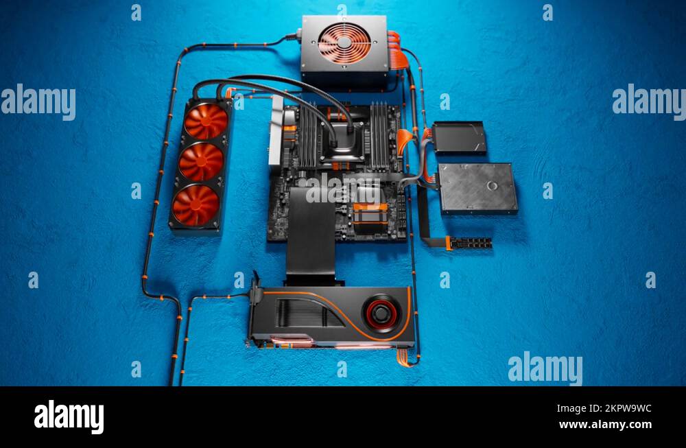 Wall-mounted PC on a blue background. State of the art liquid cooling ...