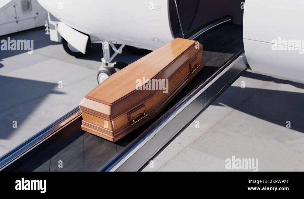 Coffins on the conveyor belt. Transport to the aircraft compartment ...