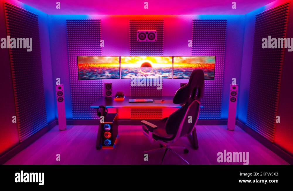 Vivid colorful animation with a gaming room. Powerful computer set for ...