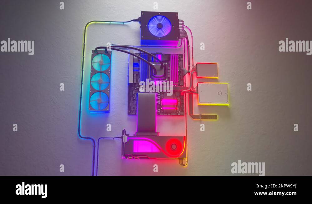 Wall-mounted PC on a white background. State of the RGB color gamer ...