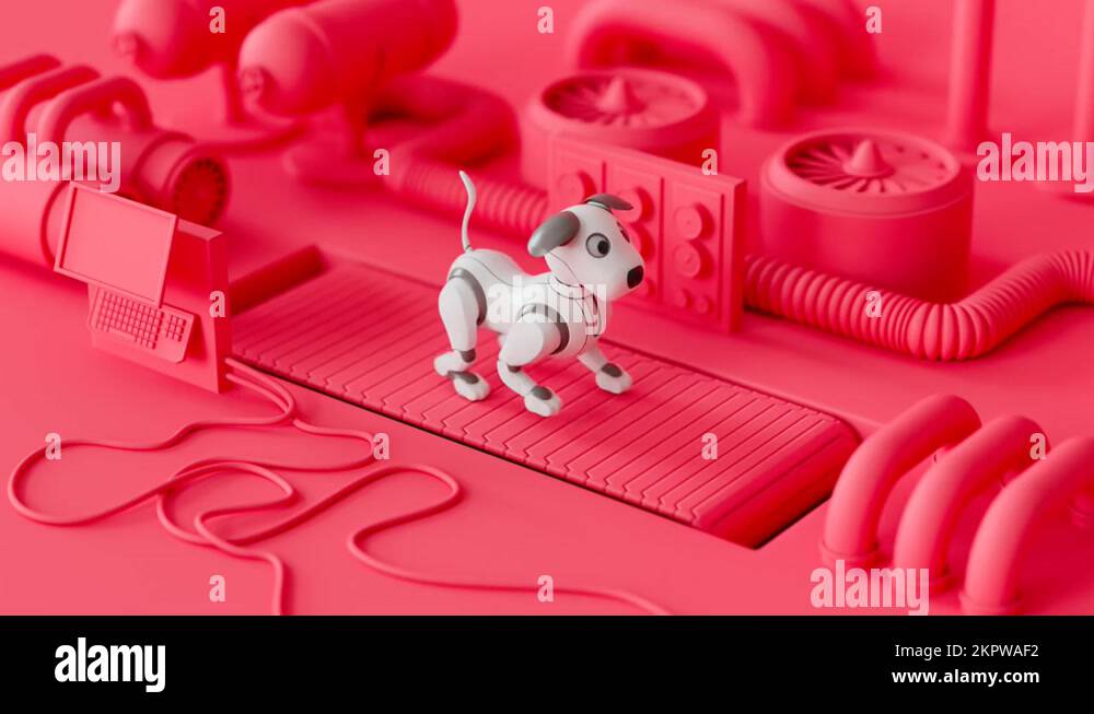 Concept of a puppy robot dog walking on the treadmill. Advanced cute ...