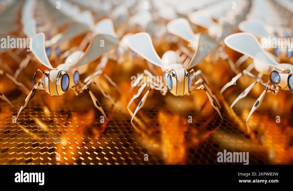 Army of countless small artificial bee robots in a loop ready for ...