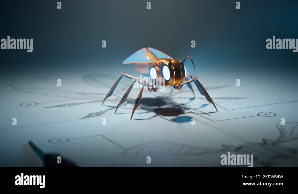 A first boot-up of futuristic insect. Power up light, systems check ...