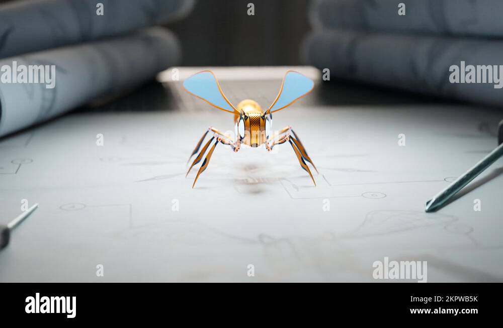 Assembled golden artificial bee robot standing on its blueprint ...