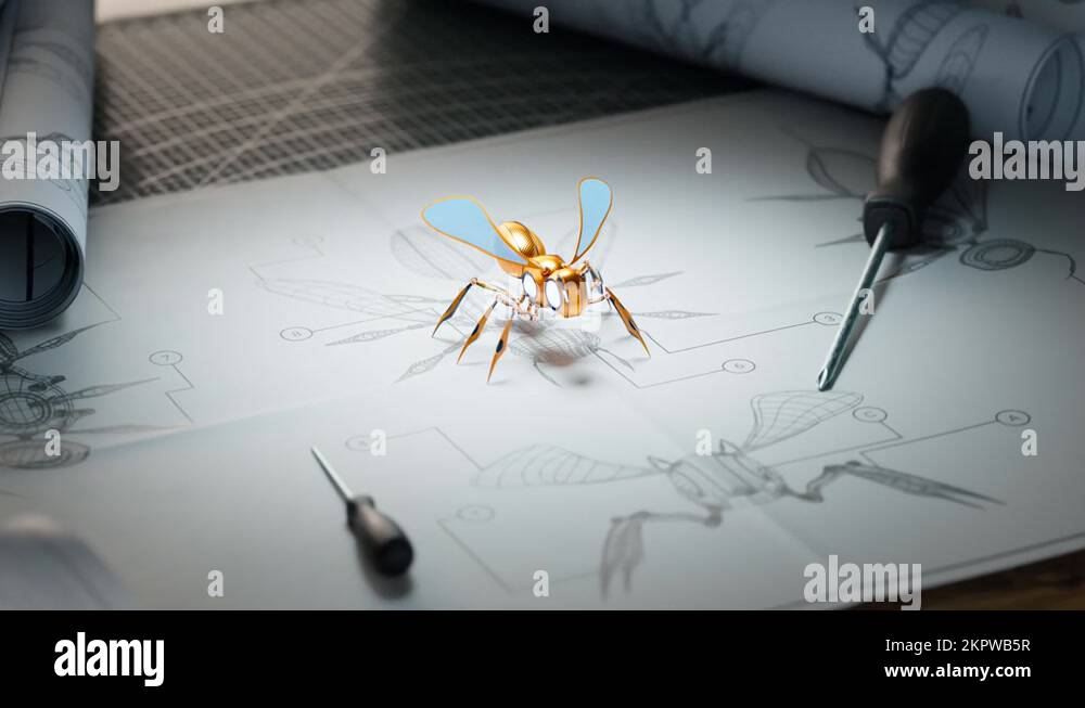 Assembled golden artificial bee robot standing on its blueprint ...