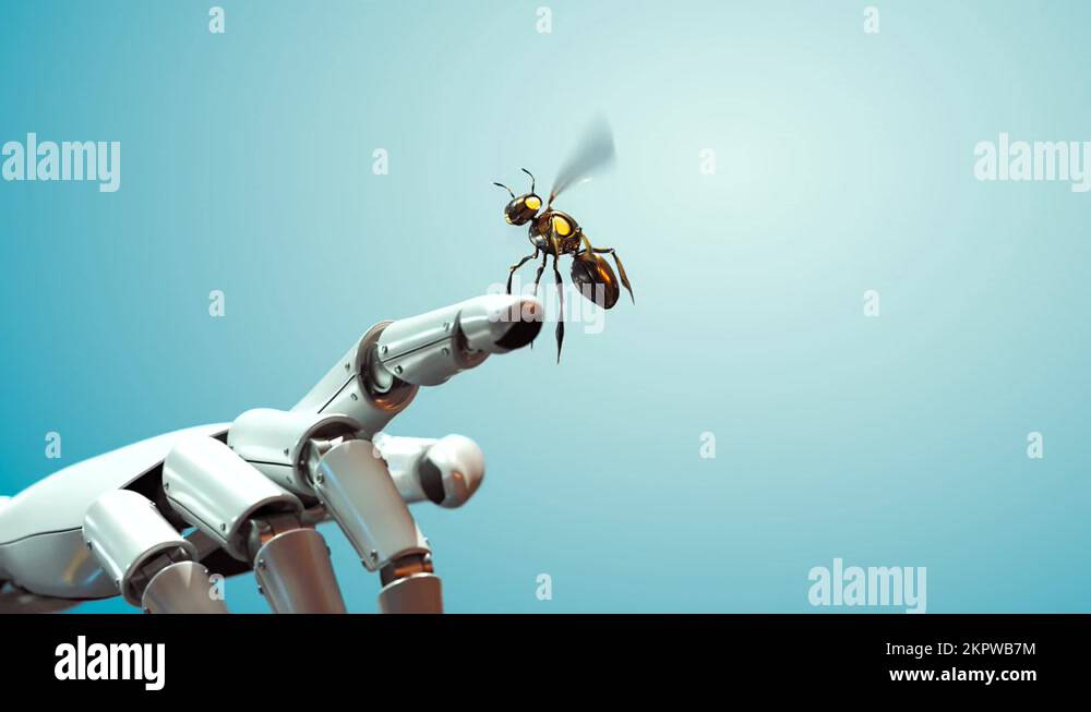 Smart mechanical bee landing on a robot hand. Futuristic concept. CGI ...