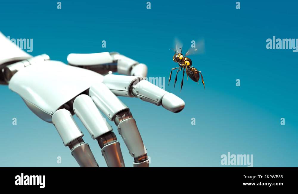 Smart mechanical bee landing on a robot hand. Futuristic concept. CGI ...