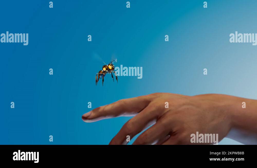 Smart mechanical bee landing on a human hand. Futuristic concept. CGI ...