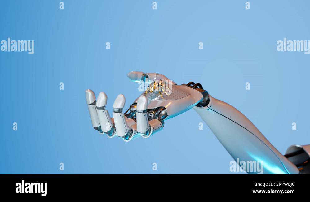 Smart mechanical bee flying from robot hand. Futuristic concept. CGI ...