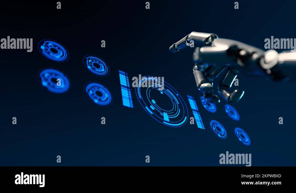 Futuristic scene of a shiny white robotic arm touching the touch screen ...
