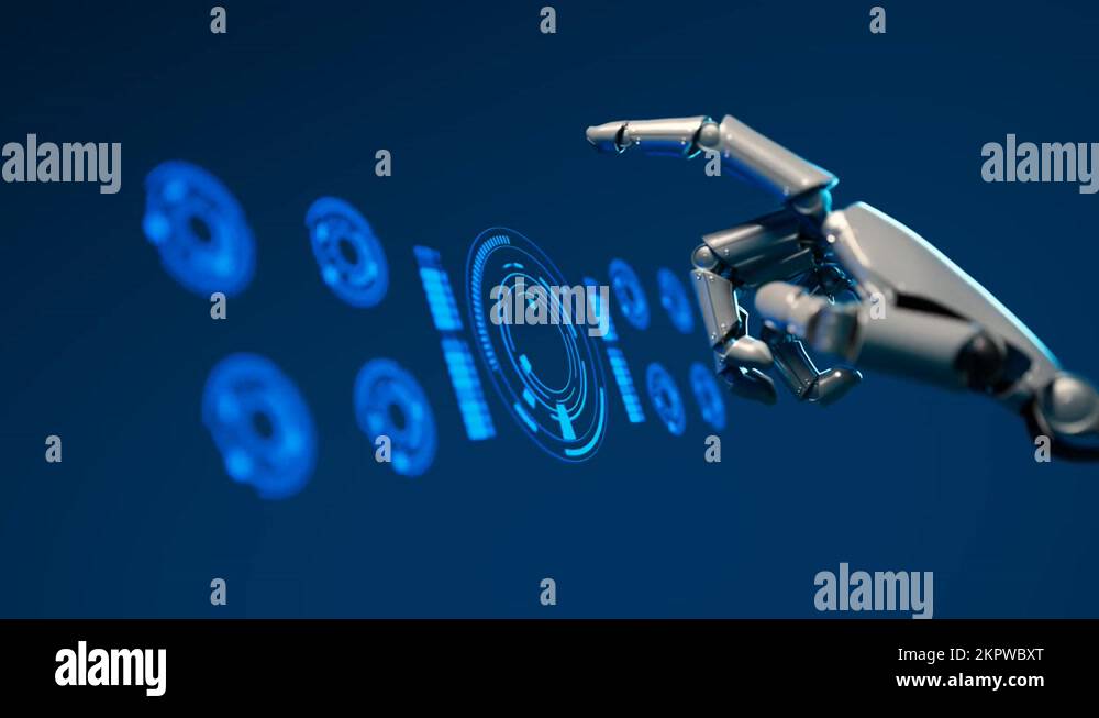 Futuristic scene of a shiny white robotic arm touching the touch screen ...