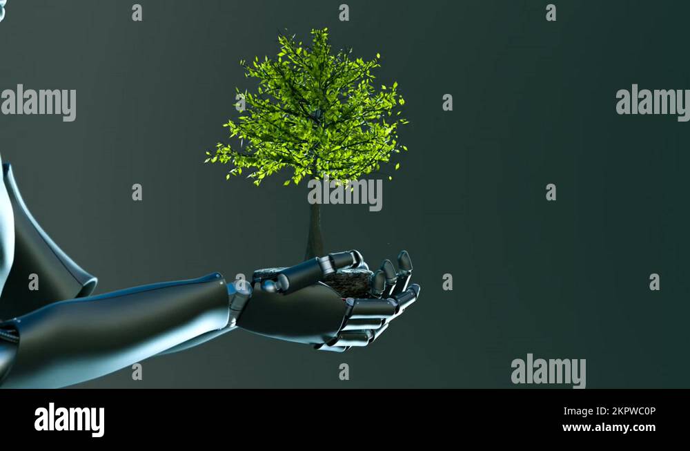 Concept of an advanced humanoid robot taking care of a tree with green ...