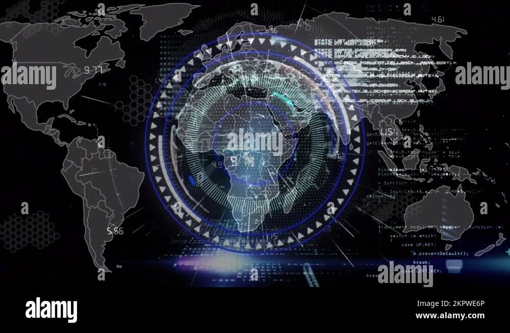 Animation Of Scope Scanning Over World Map With Data Processing On