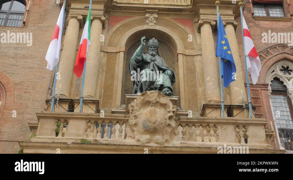 Bronze Statue Of Pope Gregory XIII And Flags At Main Facade Of Palazzo ...