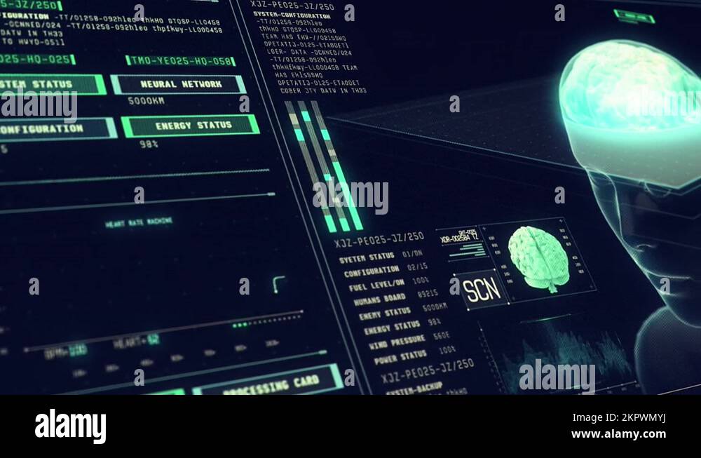 Neural Link between Brain and Computer. Monitor with ECG and EEG Brain ...