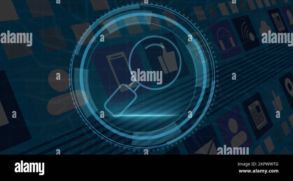 Cyber security text over round scanner against digital icons in ...