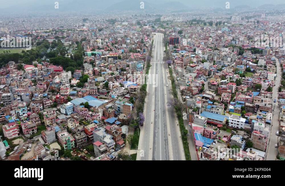 An aerial view of the ring road in the city of Kathmandu, Nepal with ...