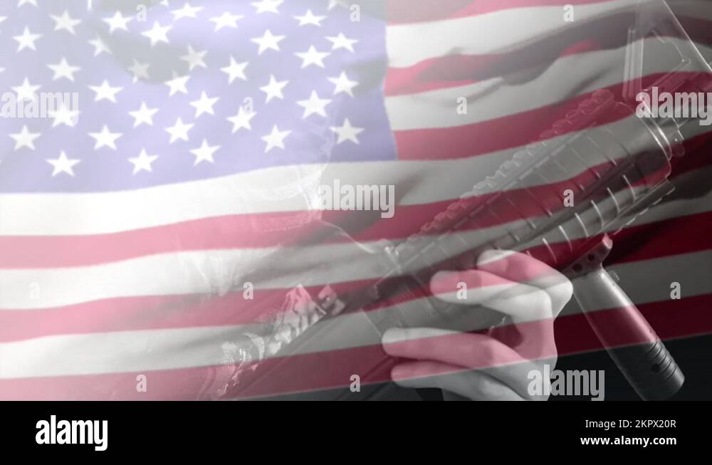Animation of hand of soldier holding assault rifle over waving american ...